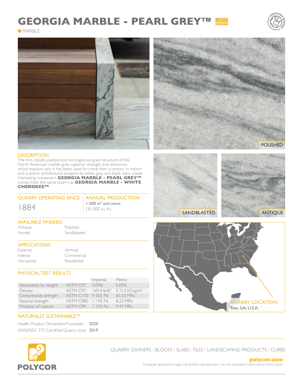 GEORGIA MARBLE - PEARL GREY™ Product Spec Sheet - Polycor Inc.